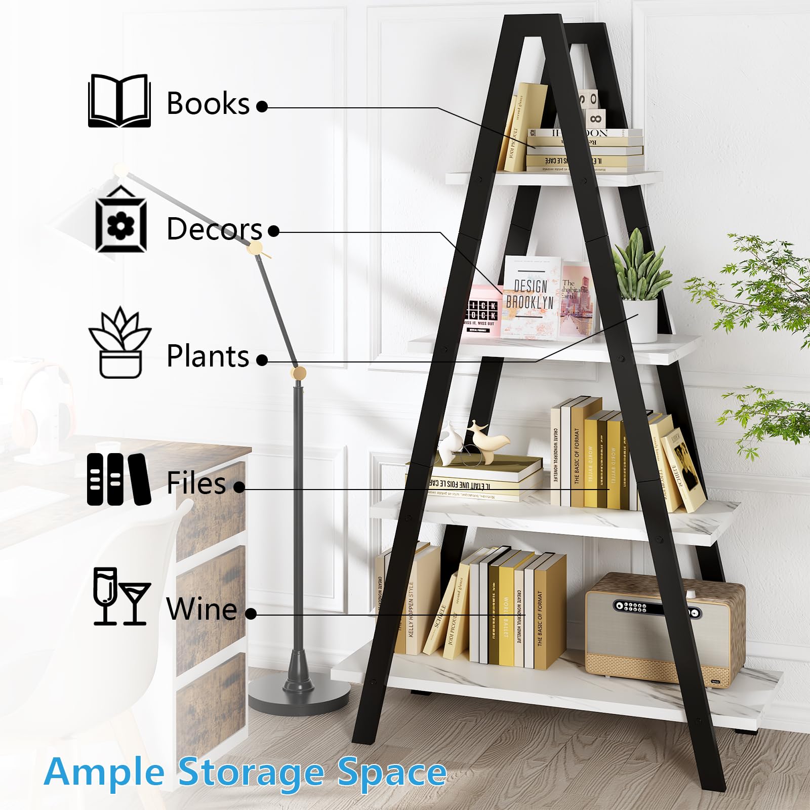 Recaceik 4-Tier Bookshelf, A-Shaped Bookcase Industrial Ladder Shelf Open Display Shelves with Metal Frame, Freestanding Plant Stand Book Shelf Open Storage Organizer for Living Room, Home Office