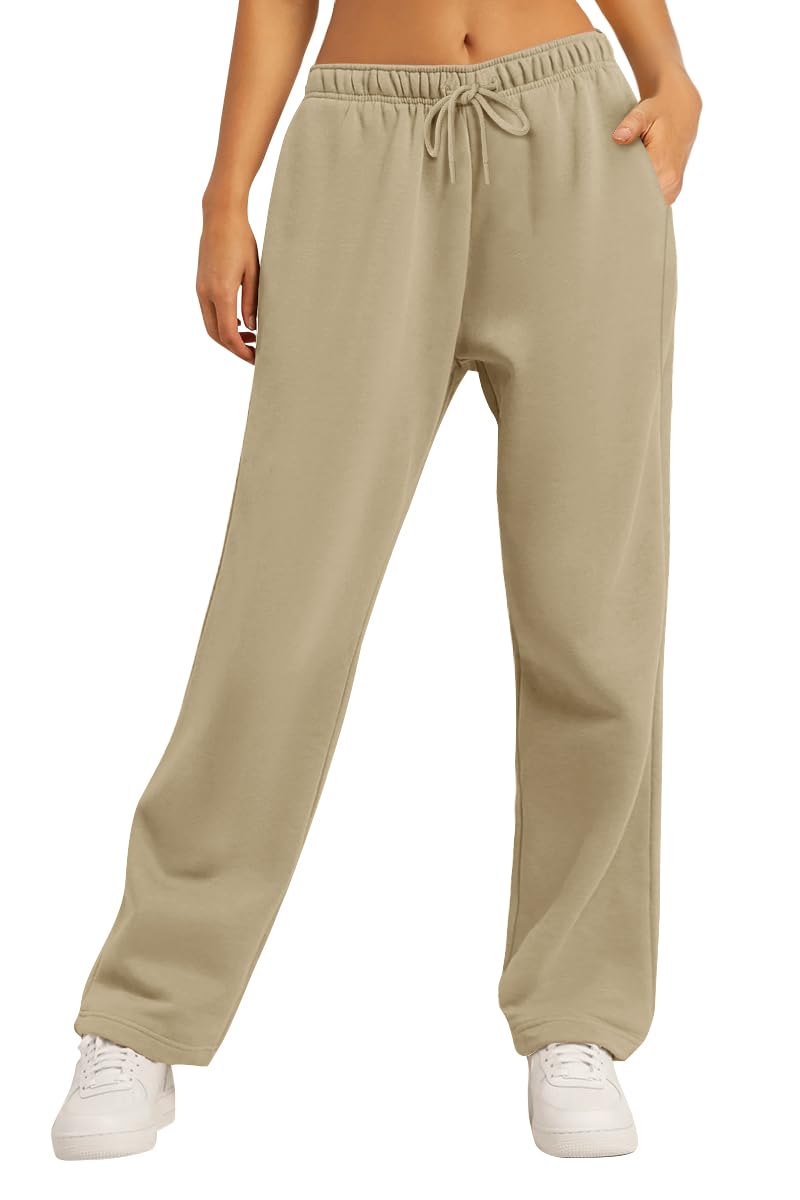 AUTOMET Women's Wide Leg Sweatpants Fleece Lined Baggy Straight Leg Lounge Pants Fall Outfits Athletic Joggers with Pockets Beige L