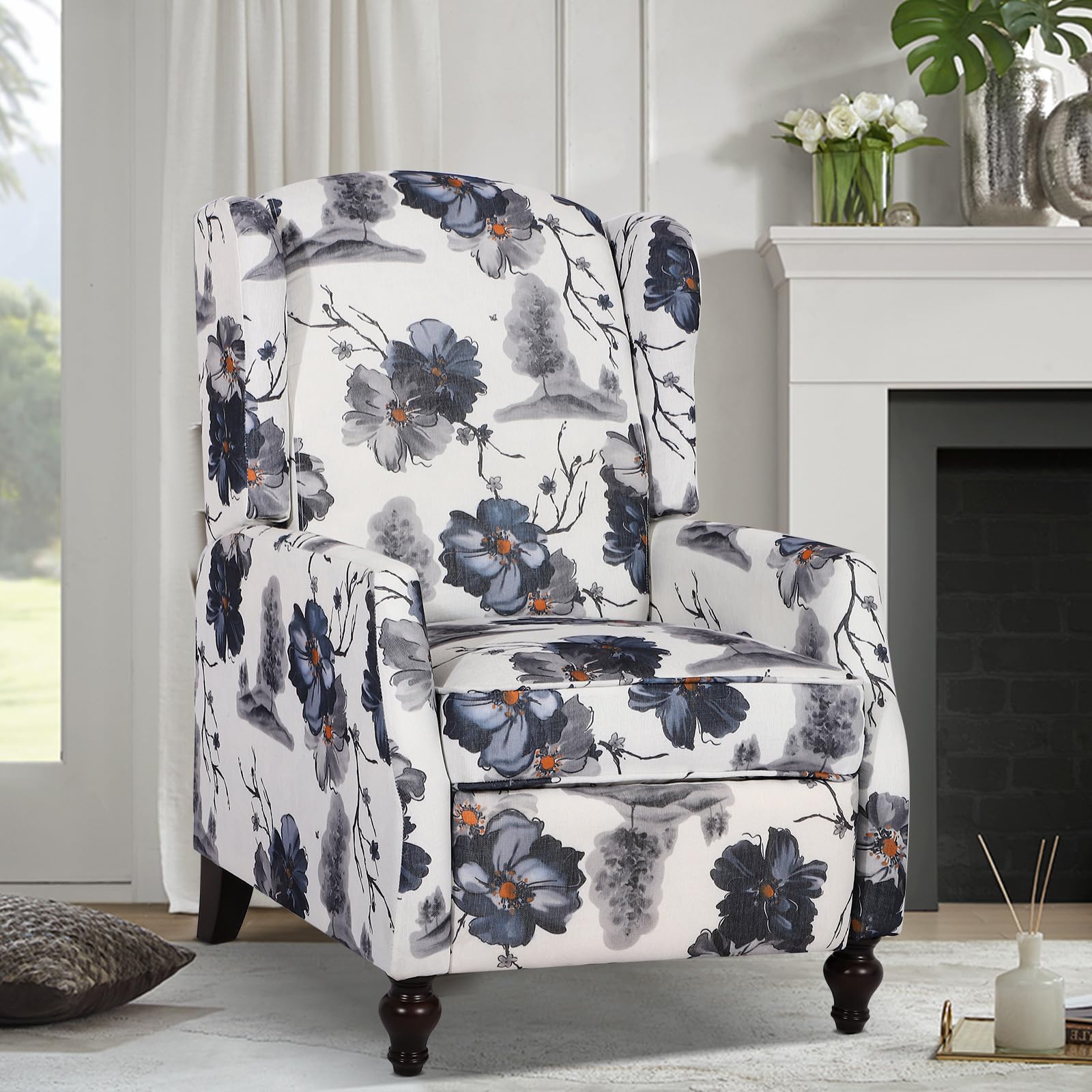 B BAIJIAWEI Wingback Recliner Chair - Tufted Arm Chair Recliner - Fabric Push Back Recliner Chair for Living Room Adjustable Backrest (Single, Blue Floral)