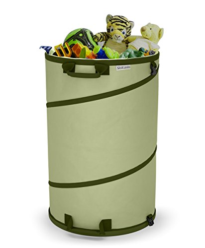 Collapsible -30 Gallon Canvas Garden Waste Bag -Pop-up Bucket Reusable Yard Leaf Bag Holder- Heavy Duty Hardshell Bottom β with Drain Holes for Lawn Pool Garden Camping Trash Debris Bag with Handles