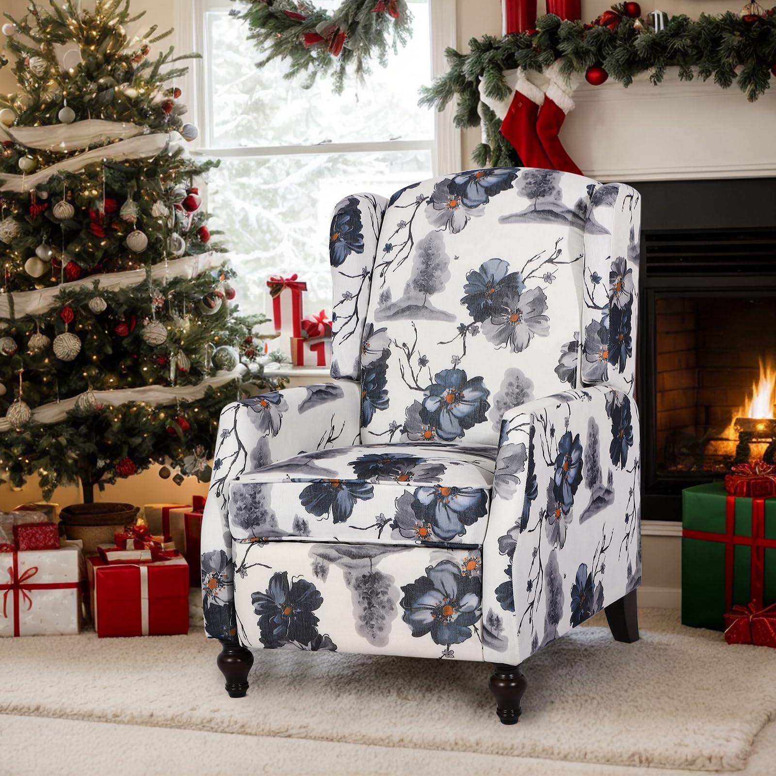 B BAIJIAWEI Wingback Recliner Chair - Tufted Arm Chair Recliner - Fabric Push Back Recliner Chair for Living Room Adjustable Backrest (Single, Blue Floral)