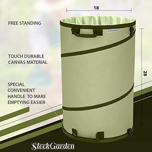 Collapsible -30 Gallon Canvas Garden Waste Bag -Pop-up Bucket Reusable Yard Leaf Bag Holder- Heavy Duty Hardshell Bottom β with Drain Holes for Lawn Pool Garden Camping Trash Debris Bag with Handles