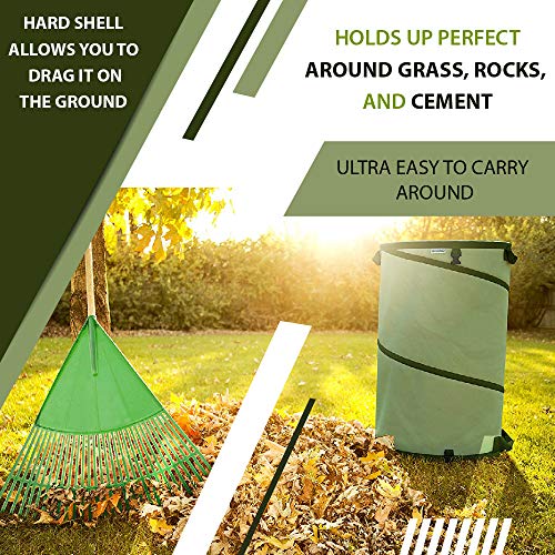 Collapsible -30 Gallon Canvas Garden Waste Bag -Pop-up Bucket Reusable Yard Leaf Bag Holder- Heavy Duty Hardshell Bottom β with Drain Holes for Lawn Pool Garden Camping Trash Debris Bag with Handles