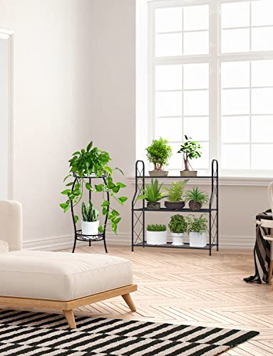 Bextcok 27inch Tall Metal Plant Stand Rustproof Decorative Wrought Iron Flower Pot Rack 2 Tier Supports for Small Double Plants Indoor Outdoor Patio Corner Garden, Black