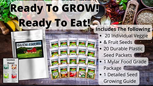 20 Vegetable & Fruit Seeds for Planting Your Outdoor & Indoor Home Seed Garden, Survival Gear Kit Includes 3200 Seeds, A Growing Guide & Mylar Package Gardening Heirloom Non-GMO Veggie Seed B&KM Farm