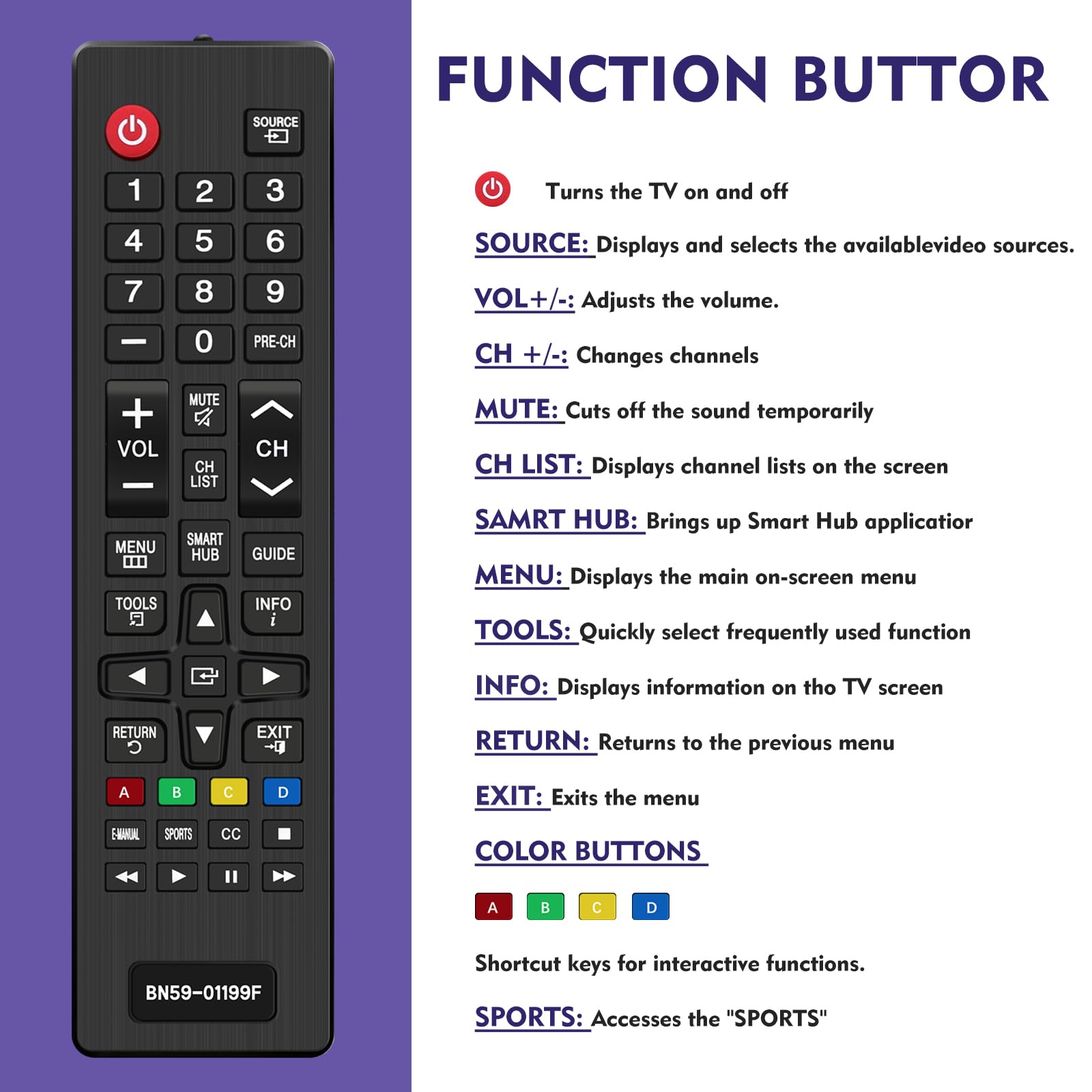 JNGKE Universal Remote Control for Only All Samsung TV, Samsung Remote for Samsung Smart TV LED LCD QLED 4K 3D Series, for All Samsung TV Remote Model Black