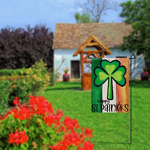 Happy St Patricks Day Garden Flags 12x18 Inch Double Sided Burlap, Green Shamrock Lucky Sign Farmhouse Small Yard Outdoor Decorations DF195