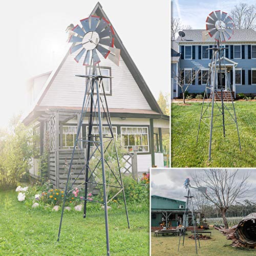 HAHASOLE 8ft Garden Windmill, Heavy Duty Durable Metal Weather Vane for Backyard, Ornamental Windmill for Yard Weather Resistant (Gray, 8FT)