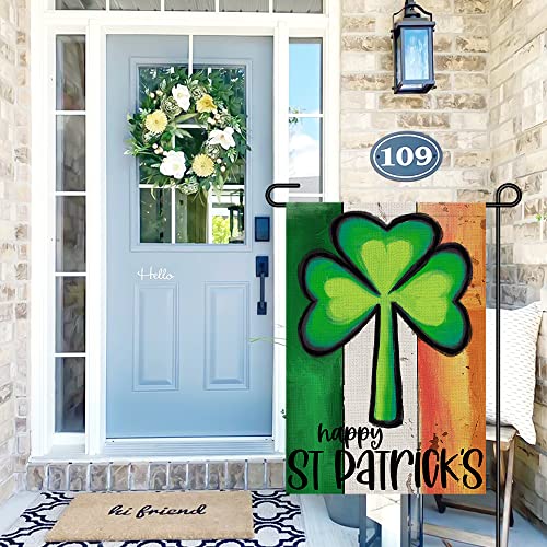Happy St Patricks Day Garden Flags 12x18 Inch Double Sided Burlap, Green Shamrock Lucky Sign Farmhouse Small Yard Outdoor Decorations DF195
