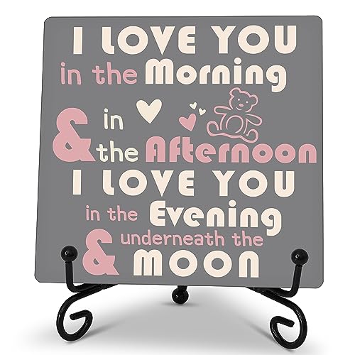 Nursery Wooden Sign With Metal Easel Stand, I Love You In The Morning Wood Plaque Bear Themed, Gray and Pink Nursery Decorations Gifts for Home Bedroom Girls Room Tabletop-B17