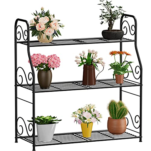 OVICAR Metal Plant Stand Rack - 3 Tier Indoor Outdoor Plant Display Shelf Flower Pot Holder for Garden Patio Balcony Porch Corner Living Room, Multiple Storage Shelf for Home Use (Black)
