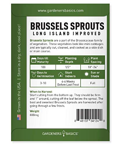 Brussels Sprouts Seeds for Planting - Long Island Improved Heirloom, Non-GMO Vegetable Variety- 800 mg Approx 225 Seeds Great for Summer, Fall, and Winter Gardens by Gardeners Basics