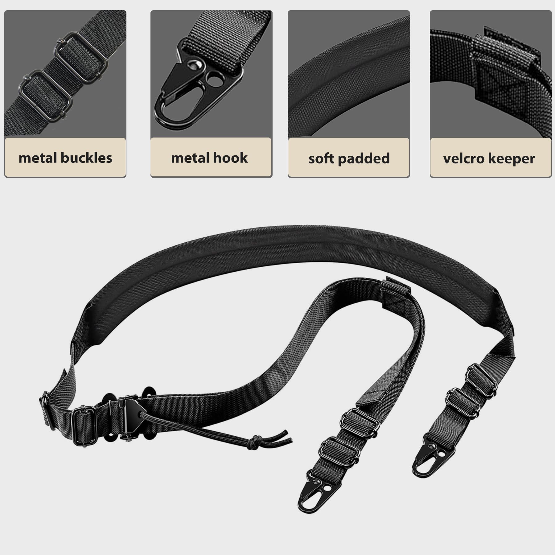 Two Point Traditional Sling Quick Adjust Rifle Sling All Metal Hardware with Wide Padded Shoulder Strap (Black)