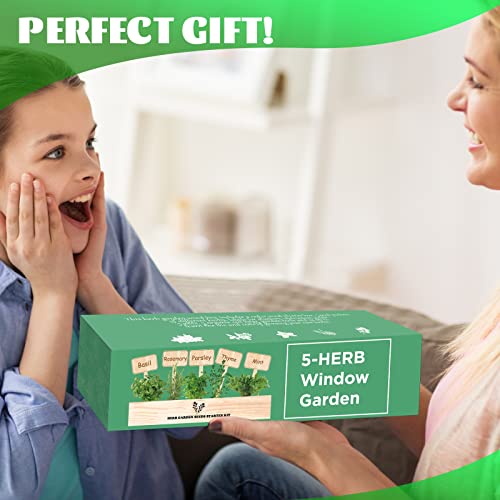 Indoor Herb Grow Kit, 5 Herb Seeds Garden Starter Kit with Complete Planting Kit & Wooden Flower Box, Growing into Basil, Parsley, Rosemary, Thyme, Mint for Kitchen Windowsill Herb Garden DIY