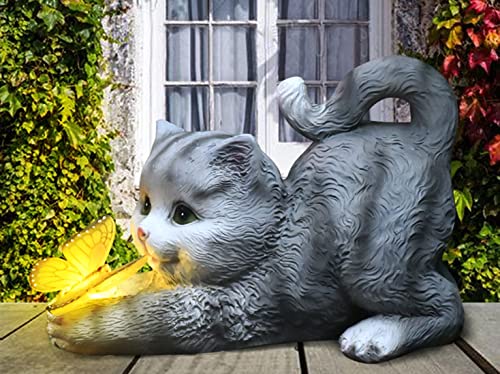 Solar Garden Statue Cat,Garden Figurine Outdoor Decoration with Cat Holding Butterfly for Yard,Patio,Lawn Art Decoration,Housewarming Gift