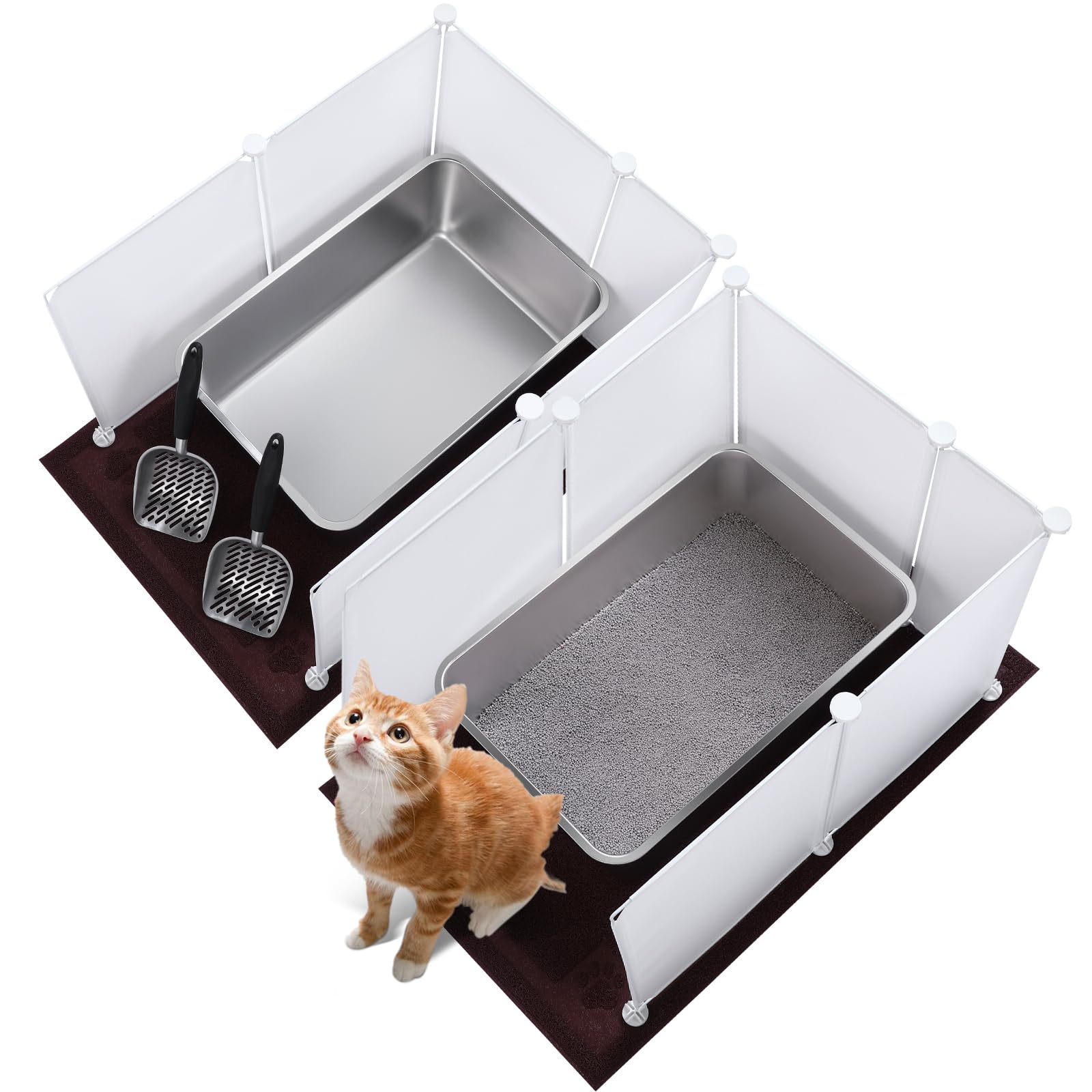 Pinkunn 2 Set Stainless Steel Cats Litter Box Large Metal Litter Box with 2 Cat Litter Scoop, 12 Litter Splash and 2 Cat Litter Mat, Never Absorbs Odor (Brown,23.6 x 15.7 x 7.9 Inch)