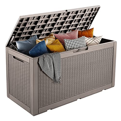 PayLessHere Deck Box 100 Gallons Storage Box Waterproof Outdoor Storage Box Bench with keyhole for Outdoor Garden Pool Patio Storage,Tan