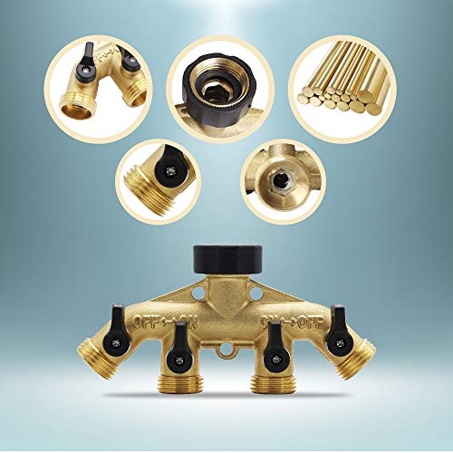 Splittars 4 Way Garden Hose Splitter 100% Solid Brass Outdoor Faucet Spigot Splitter, Water Hose Splitter, Hose Manifold, 4 outlets, independent on/off valves, 4 rubber washers, 3/4” Hose Connector