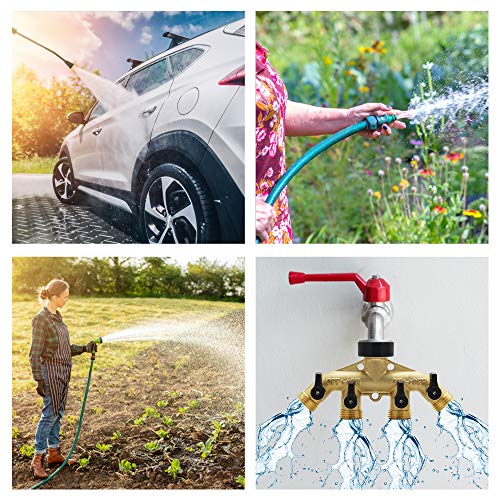 Splittars 4 Way Garden Hose Splitter 100% Solid Brass Outdoor Faucet Spigot Splitter, Water Hose Splitter, Hose Manifold, 4 outlets, independent on/off valves, 4 rubber washers, 3/4” Hose Connector