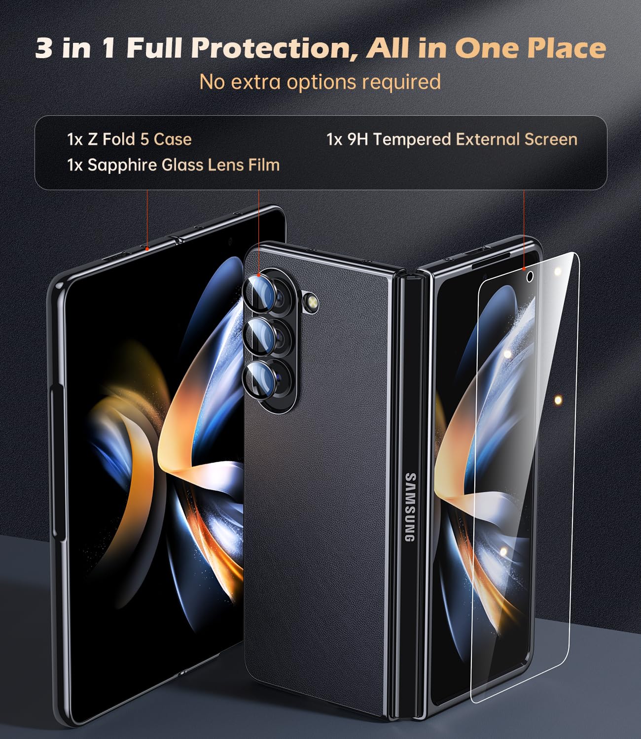 JUESHITUO 3-in-1 for Samsung Galaxy Z Fold 5 Case, [Omni-Directional Protection] [Metallic Glossy Bumper] Fascinating Touch Silm Fit Stylish Leather 5g Case for Galaxy Z Fold 5 Phantom Black