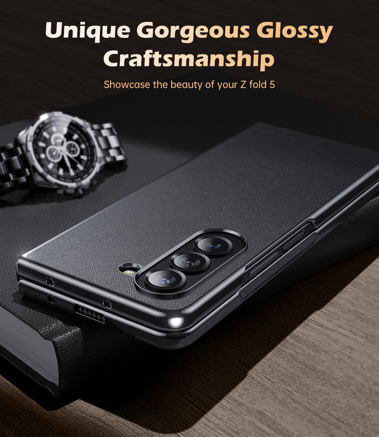 JUESHITUO 3-in-1 for Samsung Galaxy Z Fold 5 Case, [Omni-Directional Protection] [Metallic Glossy Bumper] Fascinating Touch Silm Fit Stylish Leather 5g Case for Galaxy Z Fold 5 Phantom Black