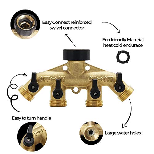 Splittars 4 Way Garden Hose Splitter 100% Solid Brass Outdoor Faucet Spigot Splitter, Water Hose Splitter, Hose Manifold, 4 outlets, independent on/off valves, 4 rubber washers, 3/4” Hose Connector