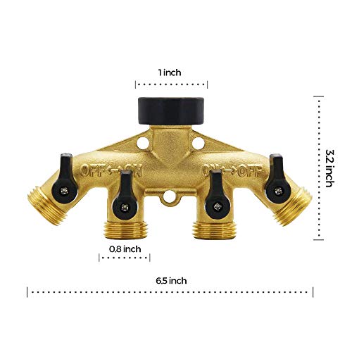 Splittars 4 Way Garden Hose Splitter 100% Solid Brass Outdoor Faucet Spigot Splitter, Water Hose Splitter, Hose Manifold, 4 outlets, independent on/off valves, 4 rubber washers, 3/4” Hose Connector