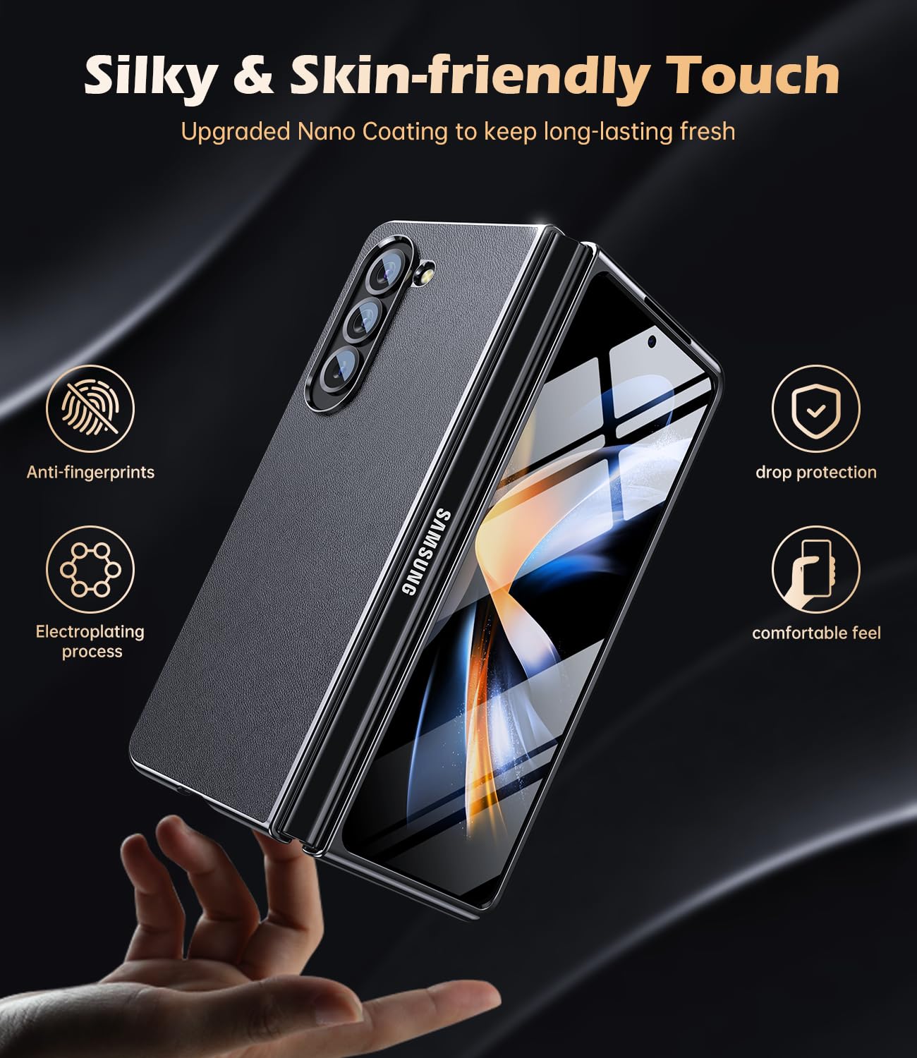 JUESHITUO 3-in-1 for Samsung Galaxy Z Fold 5 Case, [Omni-Directional Protection] [Metallic Glossy Bumper] Fascinating Touch Silm Fit Stylish Leather 5g Case for Galaxy Z Fold 5 Phantom Black