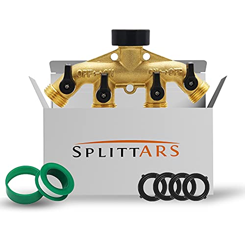 Splittars 4 Way Garden Hose Splitter 100% Solid Brass Outdoor Faucet Spigot Splitter, Water Hose Splitter, Hose Manifold, 4 outlets, independent on/off valves, 4 rubber washers, 3/4” Hose Connector