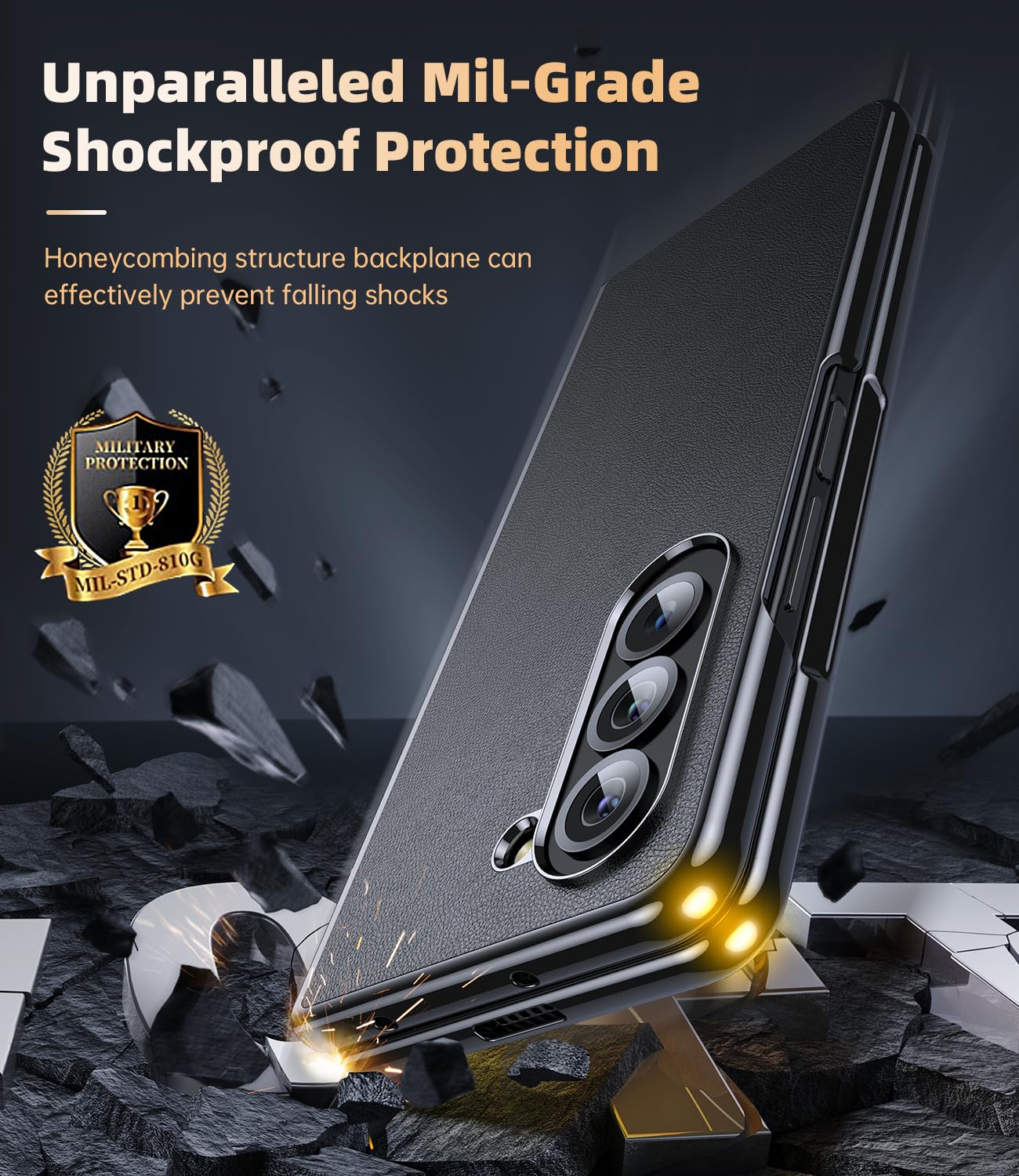JUESHITUO 3-in-1 for Samsung Galaxy Z Fold 5 Case, [Omni-Directional Protection] [Metallic Glossy Bumper] Fascinating Touch Silm Fit Stylish Leather 5g Case for Galaxy Z Fold 5 Phantom Black