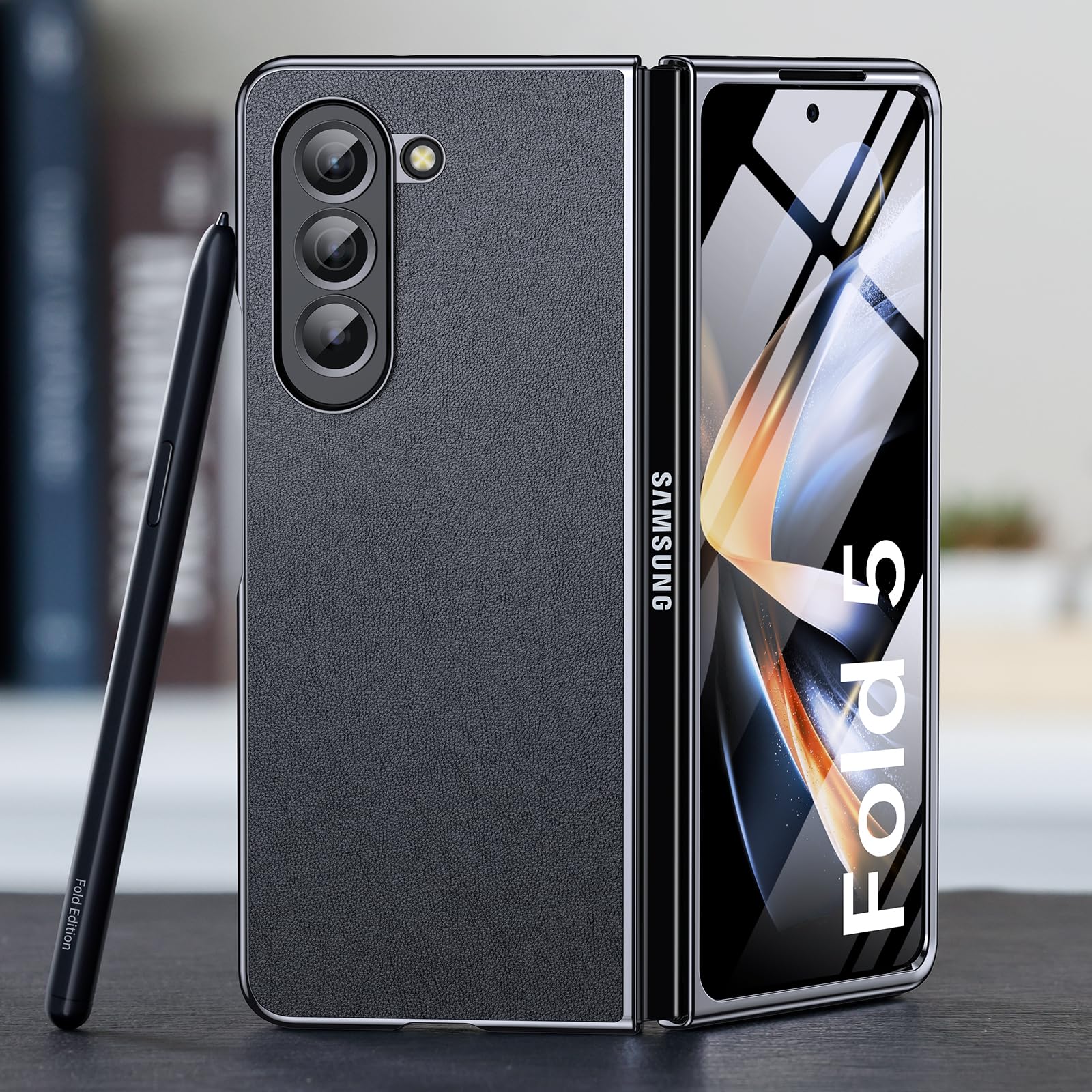 JUESHITUO 3-in-1 for Samsung Galaxy Z Fold 5 Case, [Omni-Directional Protection] [Metallic Glossy Bumper] Fascinating Touch Silm Fit Stylish Leather 5g Case for Galaxy Z Fold 5 Phantom Black