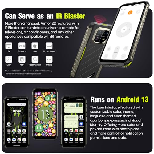 Ulefone Armor 22 (16+128GB) Rugged Smartphone, 64MP Night Vision Camera + 64MP Wide-Angle Camera, Android 13 Unlocked Cell Phone, 6.58 FHD+, 120Hz, 6600mAh, IR Blaster, NFC 4G Dual Sim- All Black