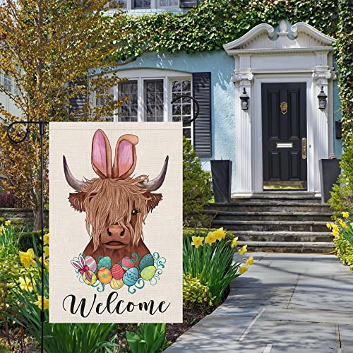 Happy Easter Garden Flag 12x18 Double Sided Burlap, Small Vertical Easter Highland Cow Welcome Garden Yard Flags for Spring Outdoor Outside Decoration (Only Flag)