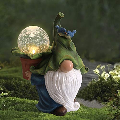 LA JOLIE MUSE Garden Gnome Statue - 10.7'' Resin Gnome Figurine Carrying Magic Orb with Solar LED Lights, Outdoor Decorations for Patio Yard Lawn Porch, Ornament
