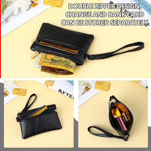 Jeffdad Women's Leather Coin Purse, Small Coin Purse for Women, Small Zipper Coin Purse with Double Zipper Detachable Wrist Strap Coin Purse for Women Coin Purse (black)