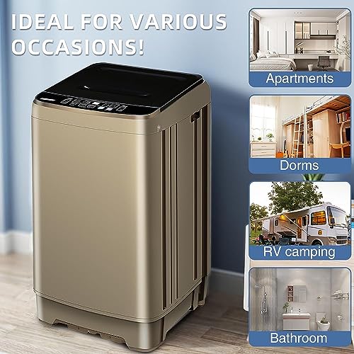 Full Automatic Washing Machine with LED Display, 10 Programs & 8 Water Levels Selections, 15.6Lbs for Home, RV, Camping, Apartment, Dorm - Gold
