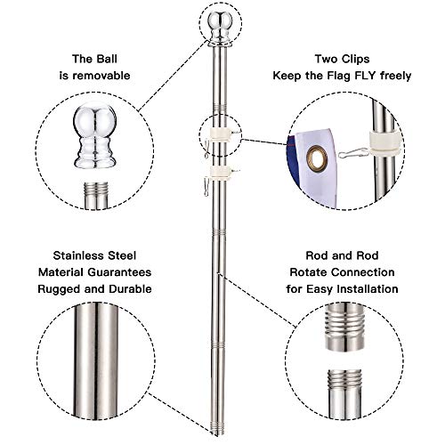 PHITRIC 6 FT Flag Pole for Kit (2 Packs), Tangle Free Spinning Stainless Steel Flagpole, Suitable for 3x5 Heavy Garden Flag 1" Dia Flag Pole for House, Wall-Mounted (Without Bracket,Silver)