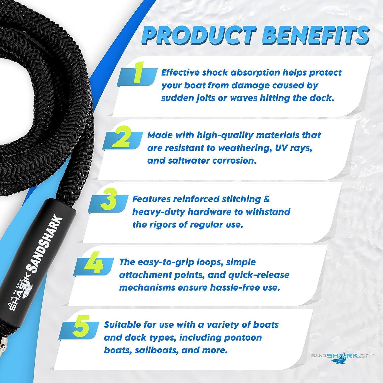 2PK Bungee Dock Lines. Stretches 6-9 ft. Absorbs Shock to Cleats, Docks, Pylons, and Anchors. Reduces Pull on Boat Lines. Bungee Rope That Stretches