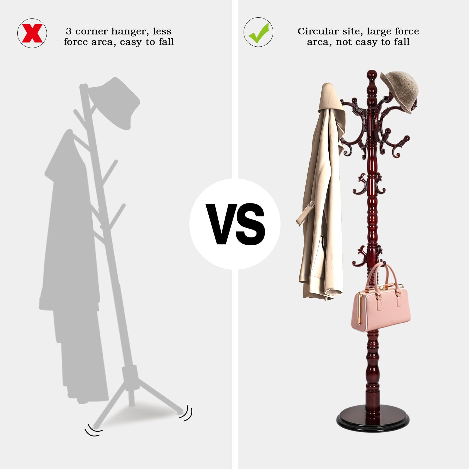 RUFXIEZW Coat Rack Freestanding, Wooden Tree Coat Rack Stand with 3 Adjustable Sizes Coat Tree and 14 Hooks, Sturdy Hall Tree with Solid Round Base for Entryway, Hallway, Bedroom (Reddish brown)