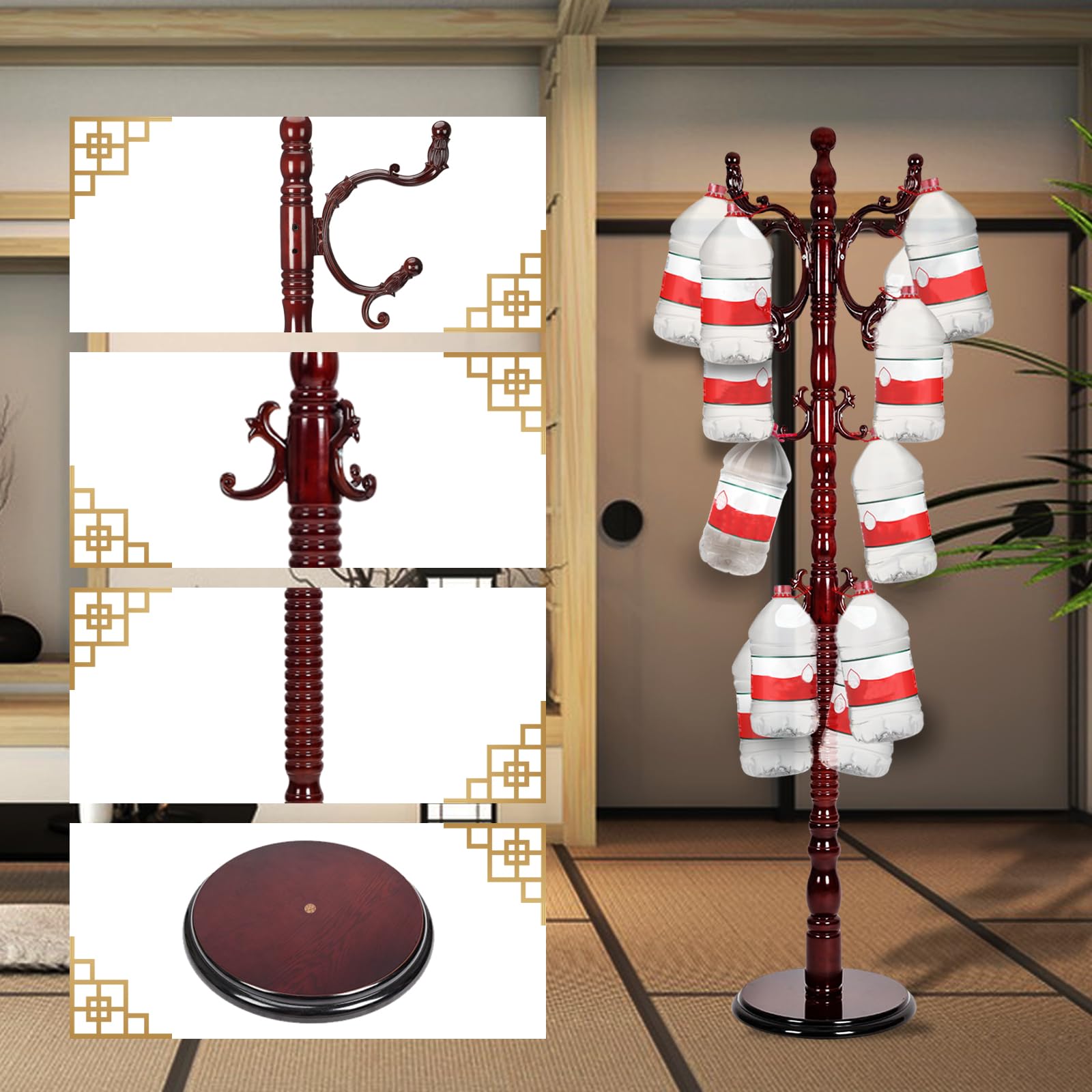 RUFXIEZW Coat Rack Freestanding, Wooden Tree Coat Rack Stand with 3 Adjustable Sizes Coat Tree and 14 Hooks, Sturdy Hall Tree with Solid Round Base for Entryway, Hallway, Bedroom (Reddish brown)