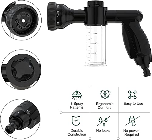 Garden Hose Nozzle, High Pressure Spray Gun Nozzle, 8 Spray Patterns for Watering Plants, Lawn, Patio, Cleaning, Showering Pet with 3.5oz/100cc Soap Dispenser Bottle