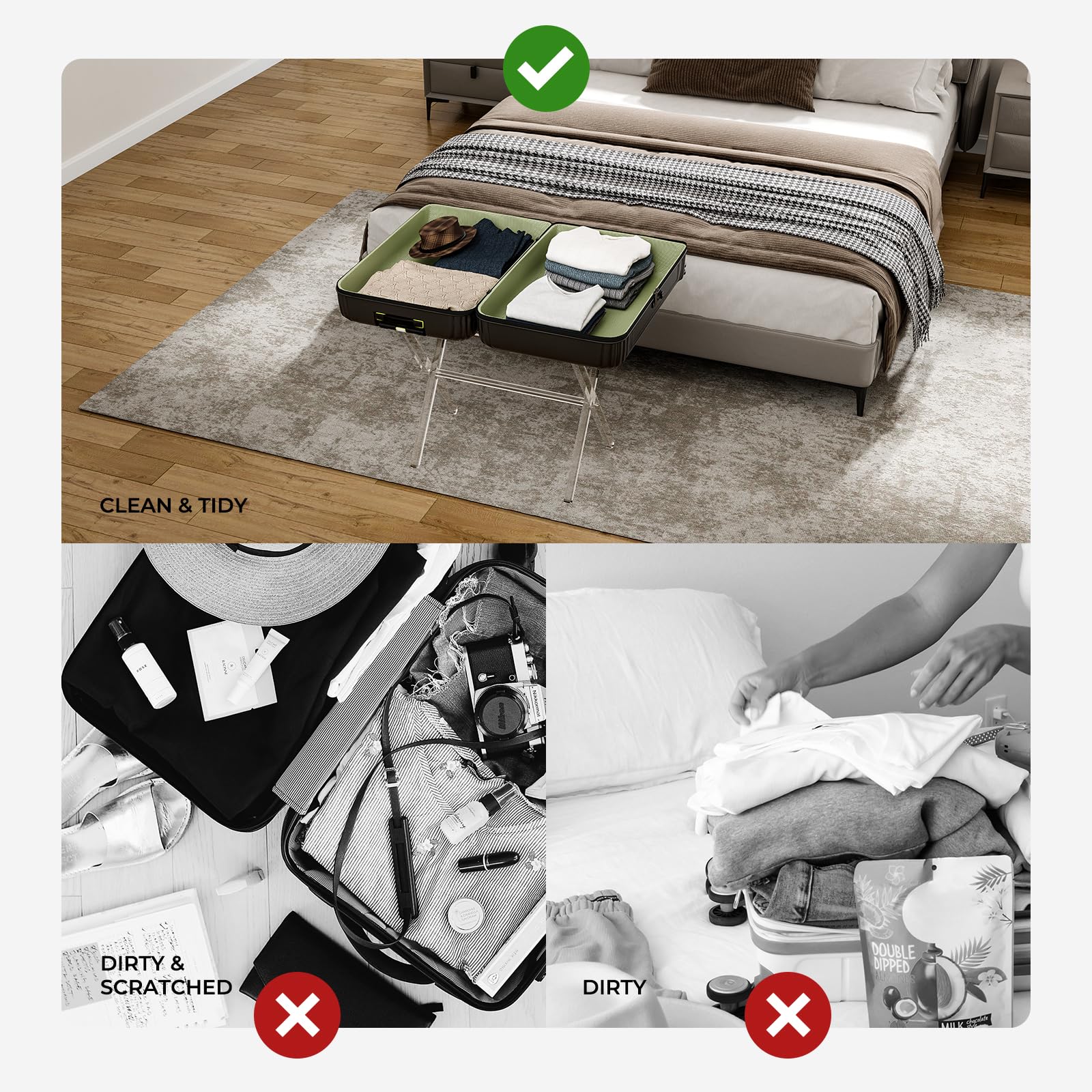 Sumerflos Acrylic Luggage Rack for Guest Room - Foldable Suitcase Stand with Leather Straps for Bedroom Living Room Hotel Heavy-Duty, Holds up to 50-100 lb lightweight Space Saving (Brown & Handle - 1 Pcs)