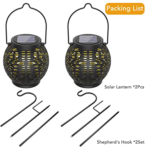 Solar Lantern Outdoor, 2 Pack Solar Hanging Lantern Lights with Shepherd Hooks, Solar Powered Lantern Waterproof with Handle, Christmas Decorative LED Garden Lights for Patio Courtyard Table Pathway