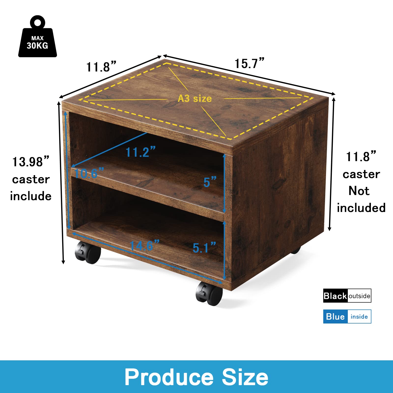 HANYEE Printer Stand with Storage - Wood Under Desk Printer Table with Wheels 15.7x11.8x14 Inch, 2 Tier Small Retro Brown Multifunctional Desktop Manager for Fax Machine, Scanner, Files(Rustic Brown)