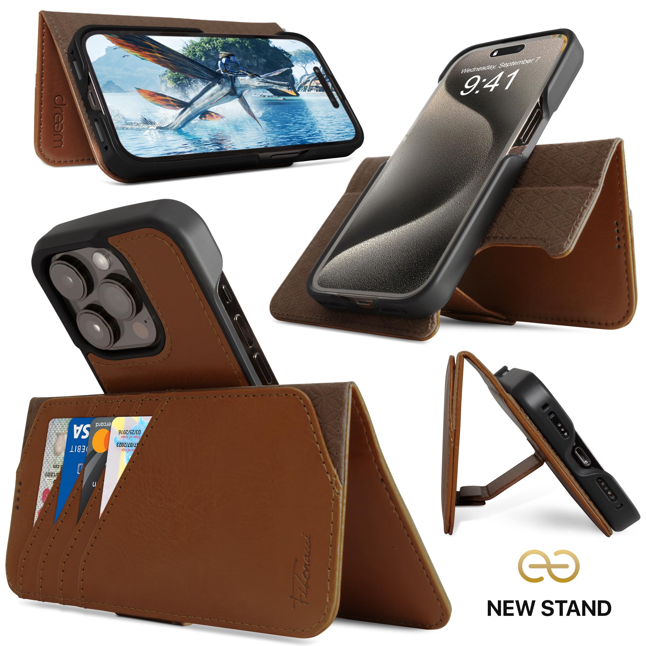 Dreem Fibonacci Wallet Case for iPhone 15 Pro Max | 2-in-1 Detachable Vegan Leather Cover with Built-in Kick-Stand, RFID Blocking Card Holder, MagSafe Compatible [Chocolate]