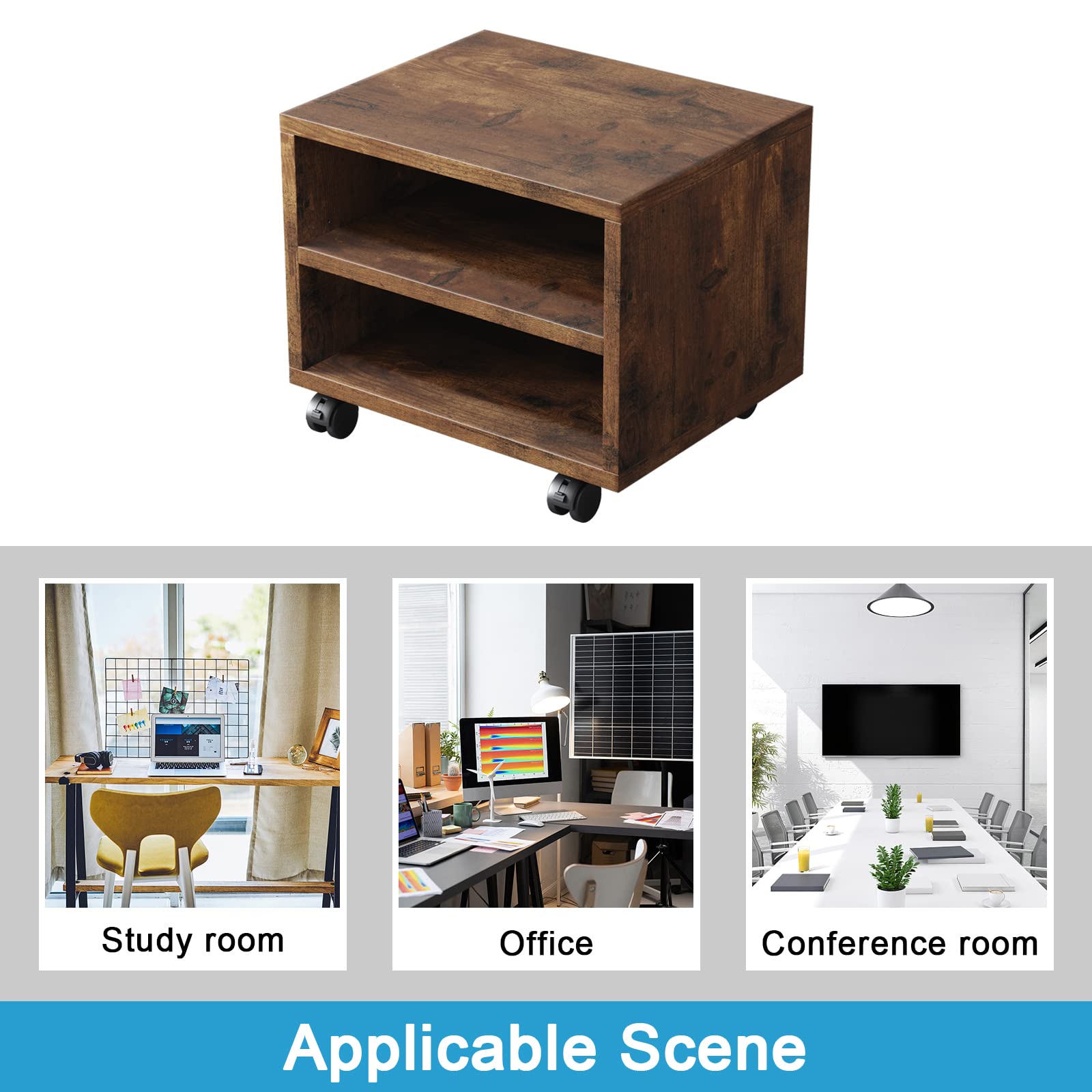 HANYEE Printer Stand with Storage - Wood Under Desk Printer Table with Wheels 15.7x11.8x14 Inch, 2 Tier Small Retro Brown Multifunctional Desktop Manager for Fax Machine, Scanner, Files(Rustic Brown)