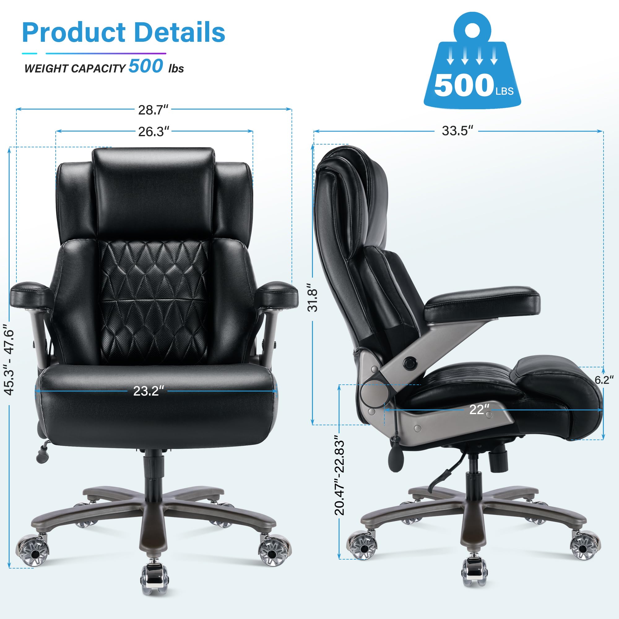 Big and Tall 500lbs Office Chair - Adjustable Lumbar Support 3D Flip Arms Heavy Duty Metal Base&Wheels, High Back Large Executive Computer Desk Chair, Thick Padded Ergonomic Design for Back Pain