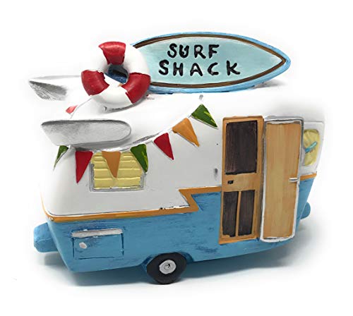 MWD Miniature Fairy Garden Retro Airstream RV Beach Camper Trailer Surf Shack Decor, Mini and Dollhouse Accessories, Surfer Camping Lover Coastal Beach Themed Home Decorations, Resin, 6"