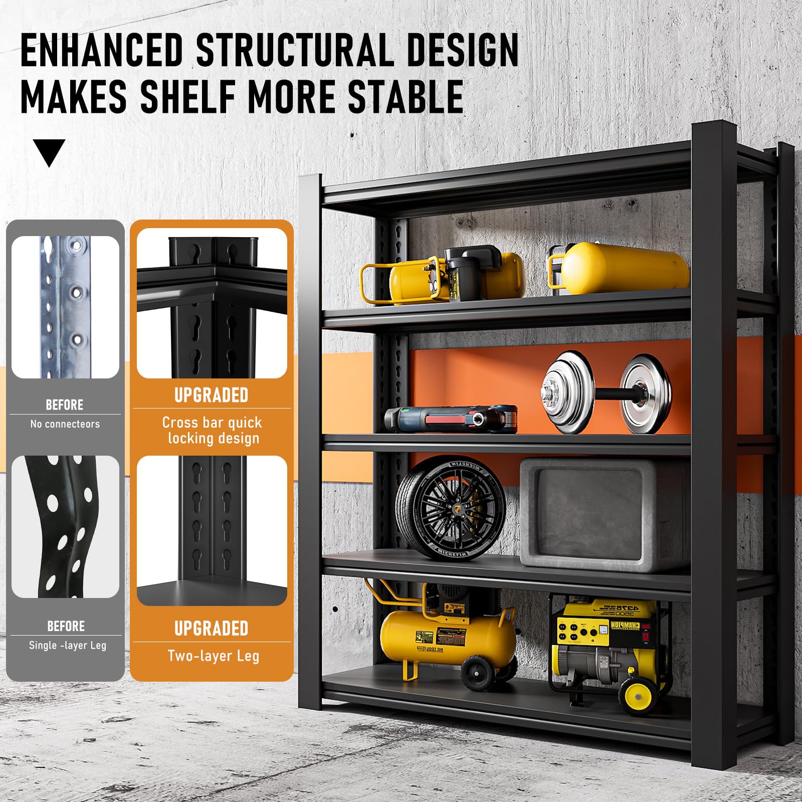 GEBAROW 72" H Garage Shelving Heavy Duty, Industrial Shelving Storage Rack with 5-Tier Metal Shelving Unit, 2500LBS Loads Adjustable Garage Storage Shelves for Warehouse Pantry, 72" H*59" W*22" D