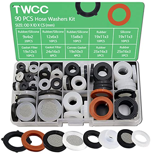 TWCC 90 PCS Flat Rubber Washer Silicone Gasket Kit for 3/4", 1/2", 3/8", 1/4", 1/8" Water Pipe Fittings Assorted Plumbing Hose Shower Head O Ring Garden Hose Sink Faucet Screen Filter Repair